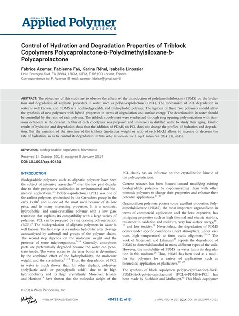 Pdf Control Of Hydration And Degradation Properties Of Triblock