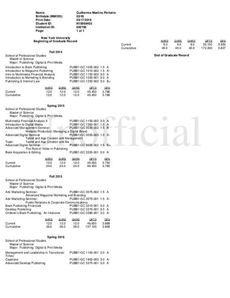 Nyu Unofficial Transcript May 2016