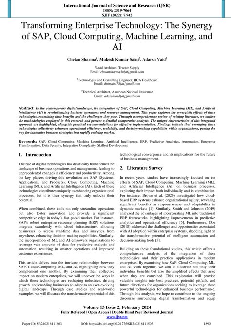 Pdf Transforming Enterprise Technology The Synergy Of Sap Cloud Computing Machine Learning