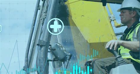 Health And Safety Data Animation Over Construction Worker Operating
