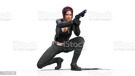 액션 소녀 슈팅 총 손 무기와 가죽 정장에 빨간 머리 여자 흰색 바탕에 웅 크 리고 3d 렌더링 3차원 형태에 대한 스톡 사진 및 기타 이미지 Istock