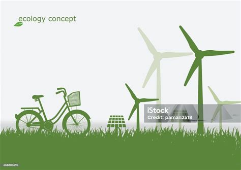 자전거 풍차 및 잔디 환경 친화적인 세계에 태양 전지 패널 벡터 일러스트 레이 션의 생태 0명에 대한 스톡 벡터 아트 및 기타