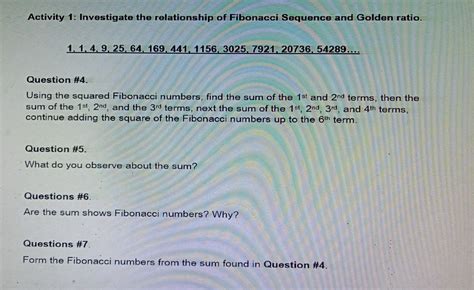 Solved Activity 1 Investigate The Relationship Of Fibonacci Sequence