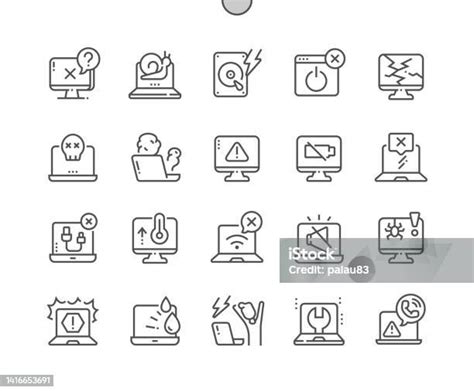 컴퓨터 문제 충전 및 과열되지 않습니다 노트북 기술 서비스 픽셀 완벽한 벡터 얇은 선 아이콘 간단한 최소 픽토그램 아이콘에 대한 스톡 벡터 아트 및 기타 이미지 Istock