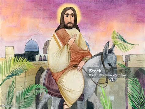 종려 주일의 수채화 그림 그리스도 께서 나귀를 타고 예루살렘에 들어가예수 사람들은 종려 나무 가지로 그를 맞이합니다 기독교 교회 출판물 인쇄물 당나귀에 대한 스톡 벡터 아트