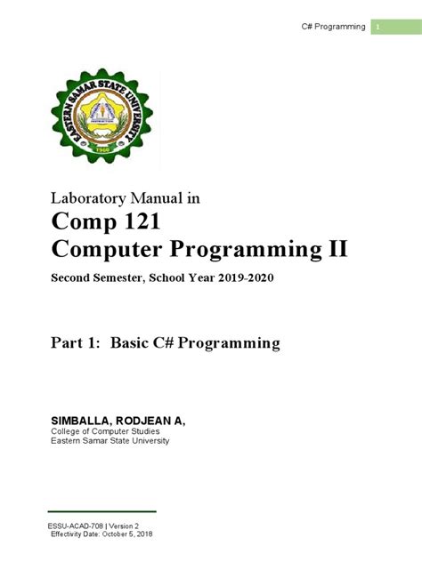 Comp 121 Computer Programming Ii Laboratory Manual In Pdf C Sharp