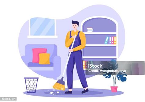 청소 서비스 평면 디자인 일러스트 사람들은 진공 청소기 배경 배너 또는 포스터에 대한 집에서 먼지와 청소 바닥을 닦아 가사 집안일에 대한 스톡 벡터 아트 및 기타 이미지