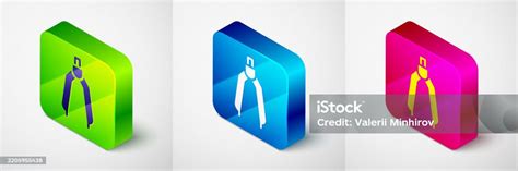 아이소 메트릭 드로잉 나침반 아이콘은 회색 배경에 격리되어 있습니다 나침반 표지판 드로잉 및 교육 도구 기하학적 도구 사각형 버튼 벡터 3차원 형태에 대한 스톡 벡터 아트