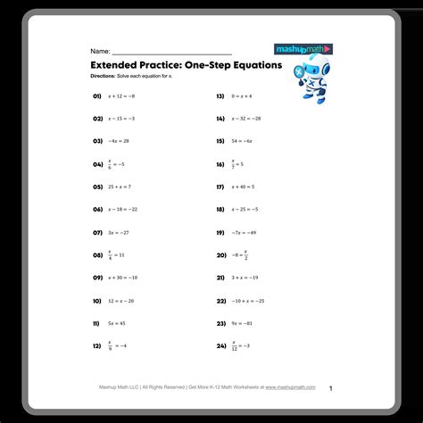 One Step Algebra Worksheets