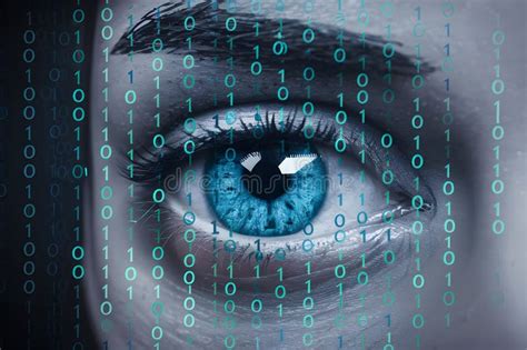 view closeup human eye with digital binary code 3d rendering