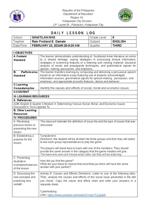 Lp English 32 Cause And Effect Issue Gamale Republic Of The Philippines Department Of