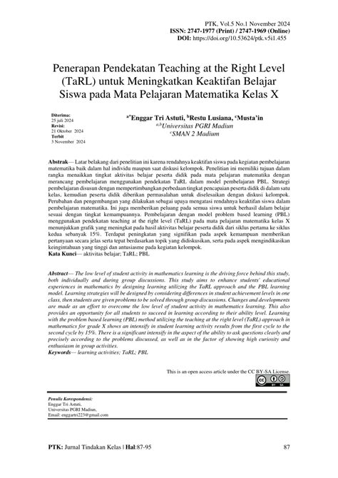(PDF) Penerapan Pendekatan Teaching at the Right Level (TaRL) untuk Meningkatkan Keaktifan ...