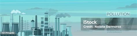 대기 오염 플랫 배너 벡터 템플릿입니다 생태 보호 환경 보존 포스터 중화학 물질 배출 연기 구름 산업 발전소 텍스트 공간이있는 공장 일러스트레이션 0명에 대한 스톡 벡터