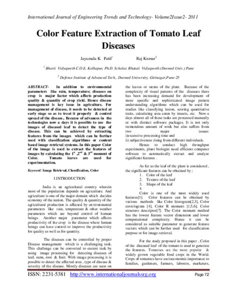 Pdf Color Feature Extraction Of Tomato Leaf Diseases