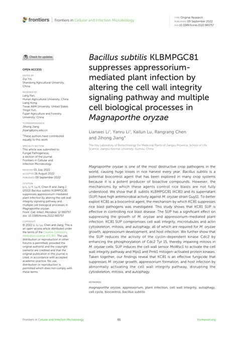 Pdf Bacillus Subtilis Klbmpgc81 Suppresses Appressorium Mediated Plant Infection By Altering