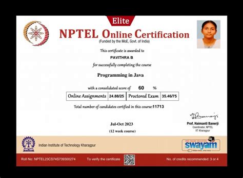 Completed Nptel Java Course With Elite Certificate Pavithra B Posted