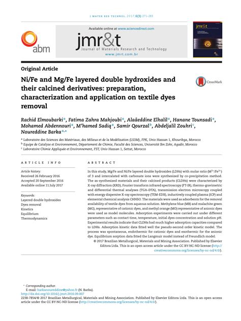 Pdf Nife And Mgfe Layered Double Hydroxides And Their Calcined Derivatives Preparation
