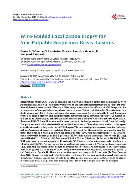 Pdf Wire Guided Localization Biopsy For Non Palpable Suspicious Breast Lesions