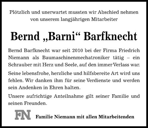 Traueranzeigen Von Bernd Barfknecht Trauer Anzeigende