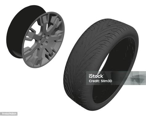 흰색 배경에 격리된 타이어와 디스크로 분해된 자동차 바퀴의 다각형 모델 아이소메트릭 뷰 3d 벡터 그림입니다 3차원 형태에 대한