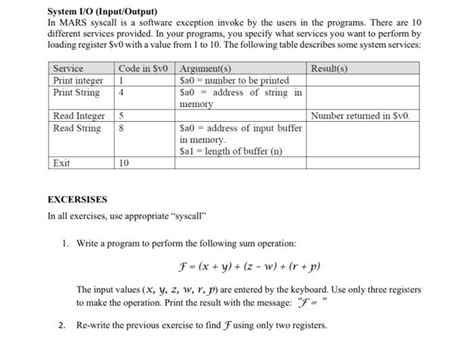 Solved System 10 Inputoutput In Mars Syscall Is A