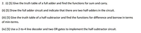 Solved 2 I 5 Give The Truth Table Of A Full Adder And Find The