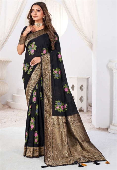 Buy Woven Viscose Crepe Saree In Black Online Spca665 Utsav Fashion