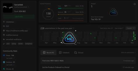 sarvarbek mukhtarov on linkedin top50sql leetcode