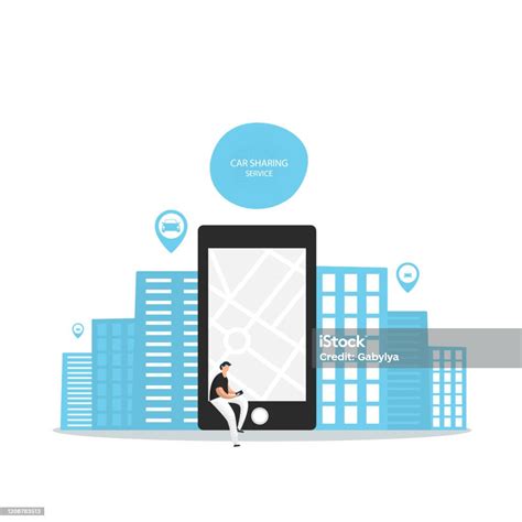 카 셰어링 서비스 광고 웹 페이지 템플릿 큰 스마트폰 근처에 앉아 있는 남자 다채로운 그림과 모바일 응용 프로그램에 대한 현대적인 방문 페이지 Mobility As A