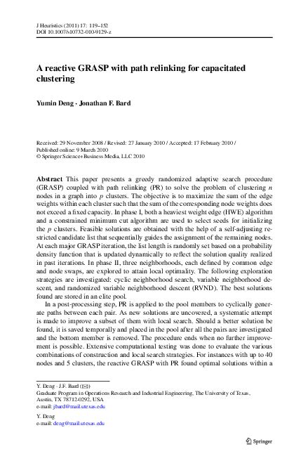Pdf A Reactive Grasp With Path Relinking For Capacitated Clustering