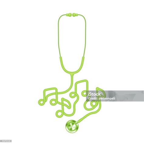 청진 기 녹색 색상 및 음악 메모 기호 복사 공간 흰색 배경에 고립 된 케이블에서 만든 건강 진단에 대한 스톡 벡터 아트 및 기타 이미지 건강 진단 건강관리와 의술