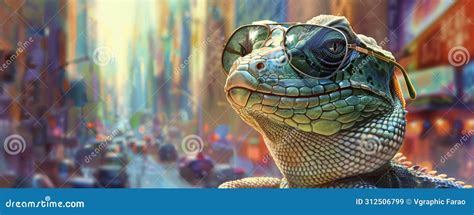 Anthropomorphic Lizard Wearing Sunglasses In An Urban Environment Stock