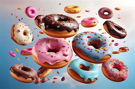 Premium Photo Flying Doughnuts Scene Mix Of Multicolored Sweet Donuts