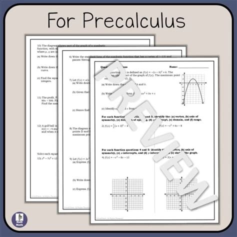 Quadratic Functions Worksheet For Precalculus With Worked Solutions