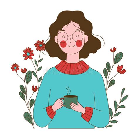 Cute Innocent Nerd Girl Character Holding A Cup Of Coffee With Flower Floral Decoration Stock
