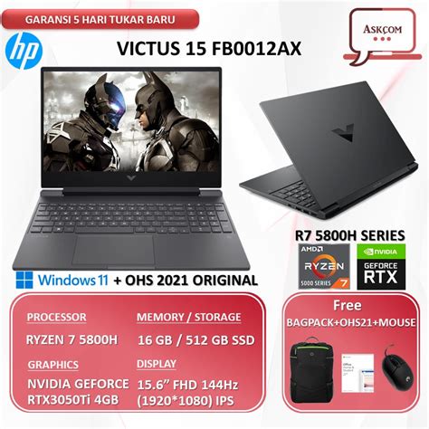 Jual Laptop HP Victus Gaming 15 FB0012AX RTX3050TI 4GB RYZEN 7 5800H RAM 16GB 512GB SSD OHS 15