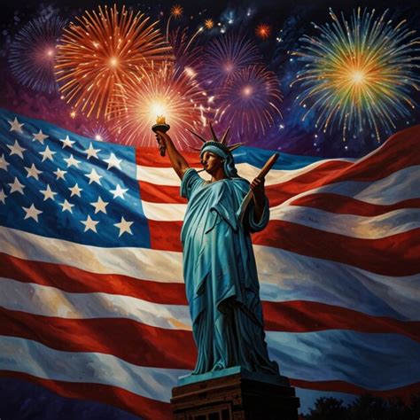 A Poster Of The Statue Of Liberty With Fireworks In The Background