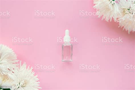 국화 꽃과 분홍색 배경에 화장품 세럼유리 병 미용 메이크업 화장품 컨셉 상단 보기 플랫 레이 복사 공간 0명에 대한 스톡 사진