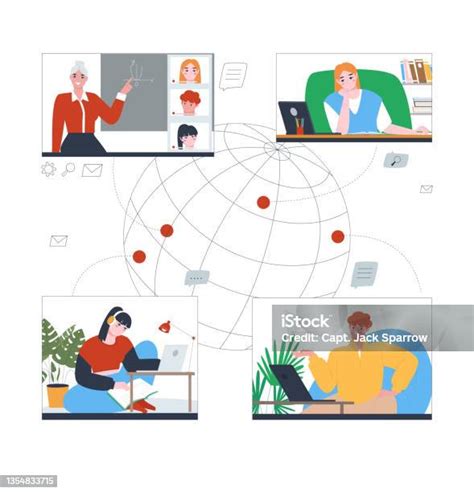 온라인 학습 개념 교사는 전 세계의 학생들을 가르칩니다 원격 교육 기회 전자 학습에 대한 스톡 벡터 아트 및 기타 이미지