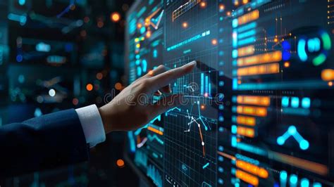 hand interacting with futuristic digital interface displaying various