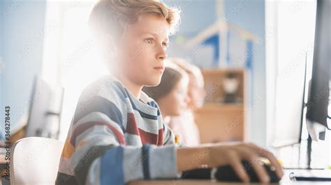 Elementary Babe Computer Science Classroom Portrait Of A Smart Babe Using Personal Computer