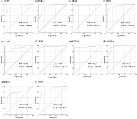 the roc curves of key genes identified by gcna kpca algorithm these