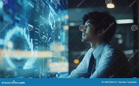 Financial Analyst Man Working Late Using Multiple Computer Screens