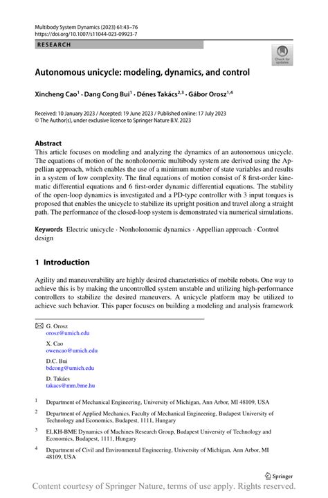 autonomous unicycle modeling dynamics and control