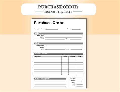 Purchase Order Form Editable Fillable Fill In With Etsy