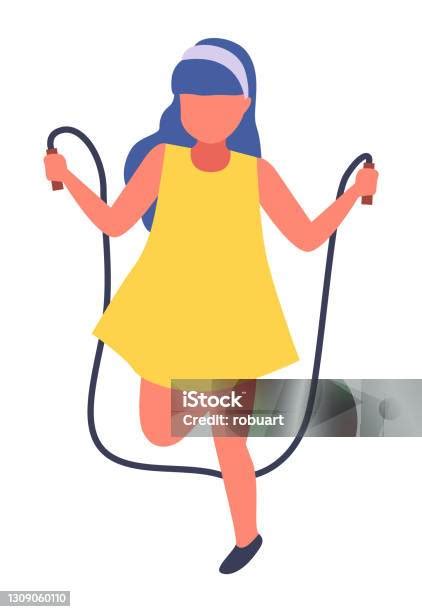 소녀 점프 로프 벡터 일러스트레이션 귀여운 어린 소녀 재생 어린이 야외 활동 아이에 대한 스톡 벡터 아트 및 기타 이미지