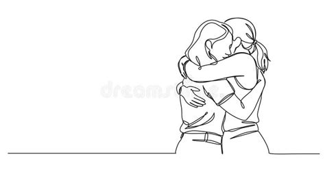 Single Line Drawing Of Two Young Women Hugging Stock Illustration