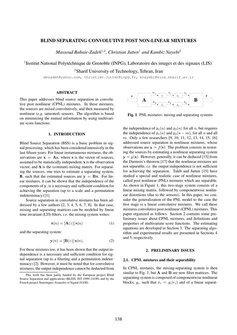 Pdf Blind Separating Convolutive Post Non Linear Mixtures