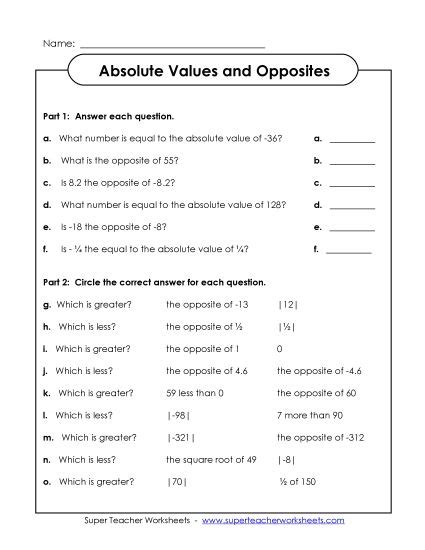 Computations Using Absolute Value Worksheet