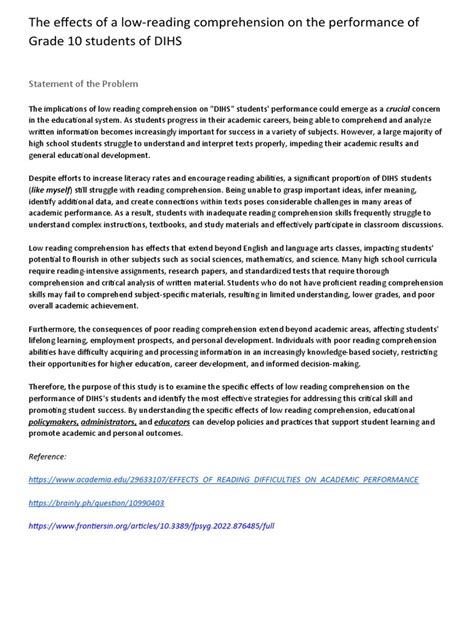 The Effects Of A Low Reading Comprehension On The Performance Of Grade